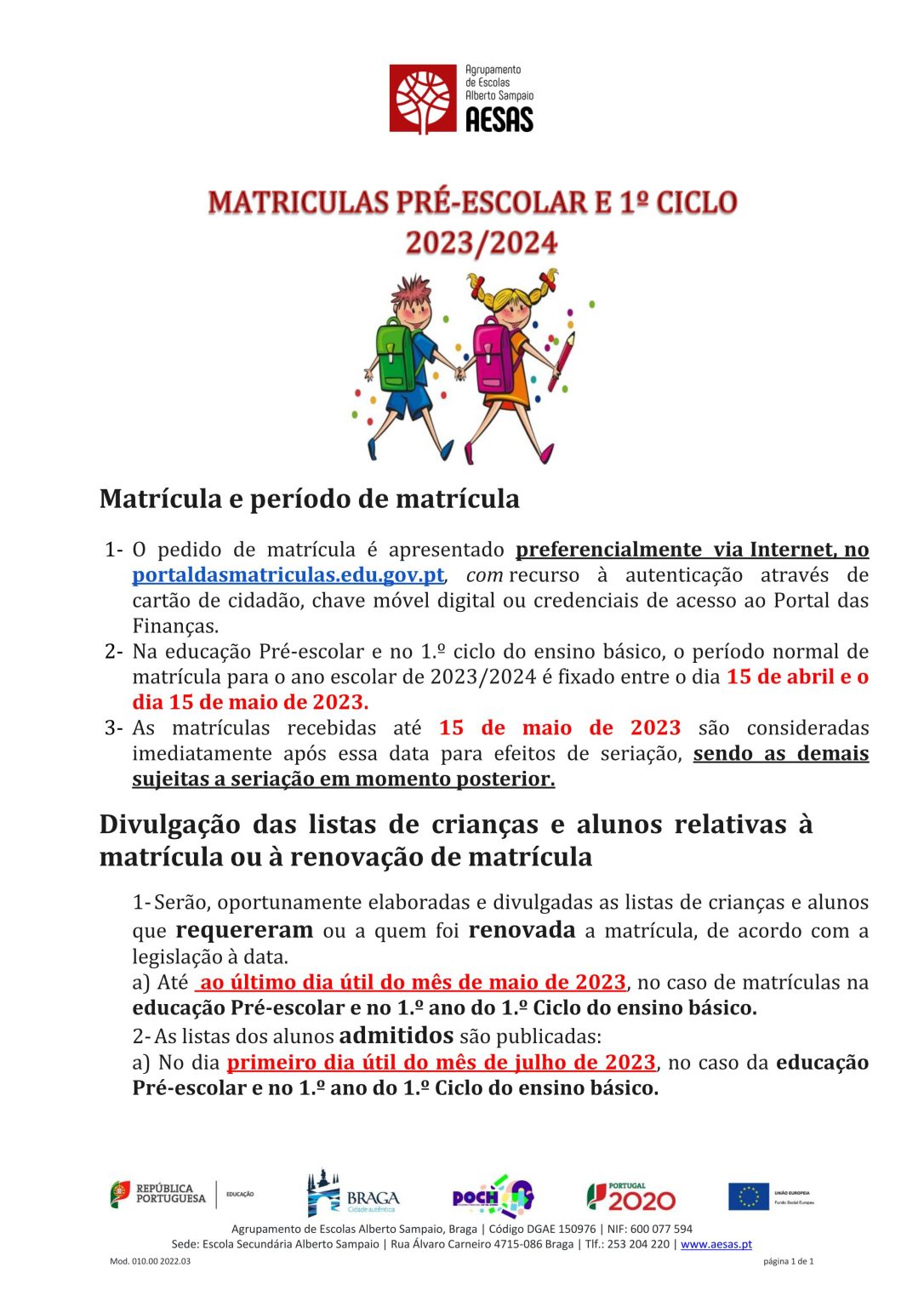Matriculas Pré-escolar e 1°Ciclo 2023/2024 – AESAS